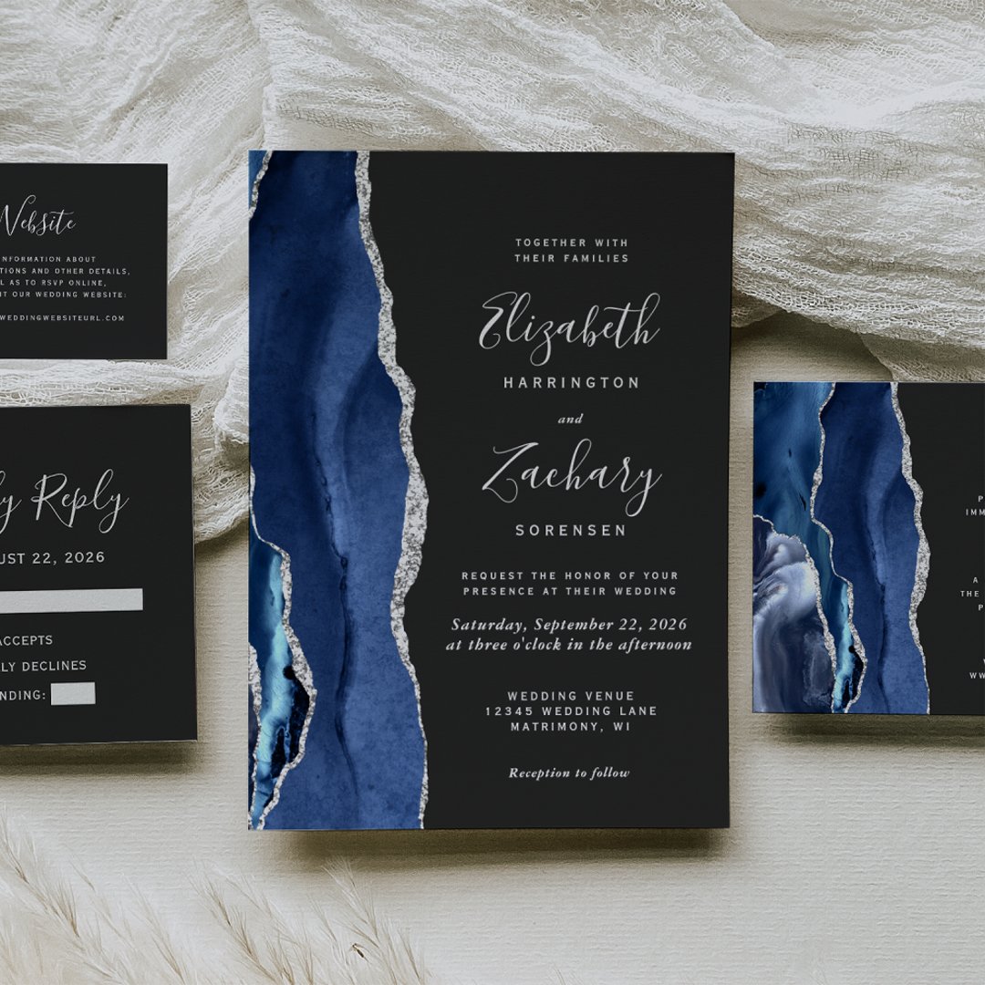 Modern Navy Blue Silver Agate Dark Wedding Invitation | Zazzle