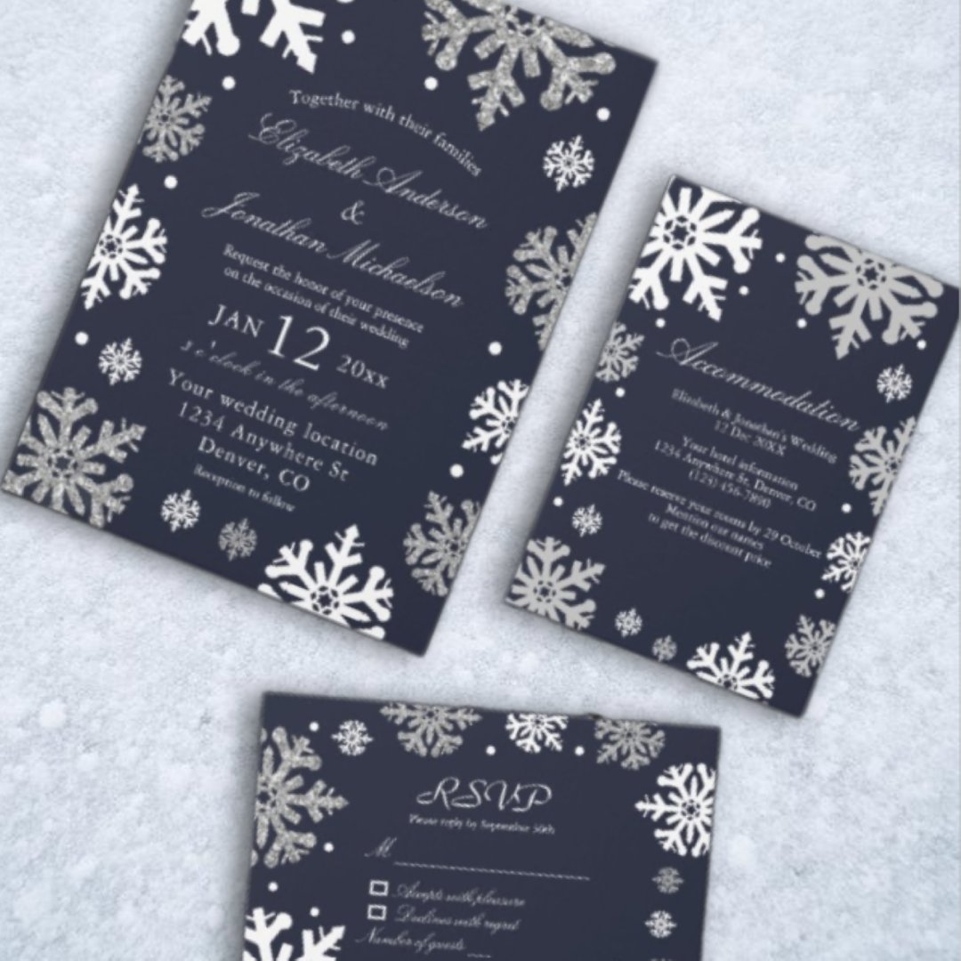 Navy Blue Snowflakes Winter Wedding Place Card | Zazzle