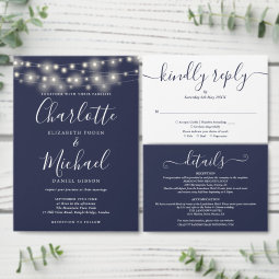 Navy Blue String Lights Modern Script Wedding All In One Invitation ...