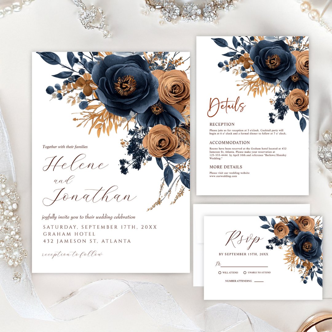 Floral Navy Blue Terracotta Rust Elegant Wedding Acrylic Invitations ...