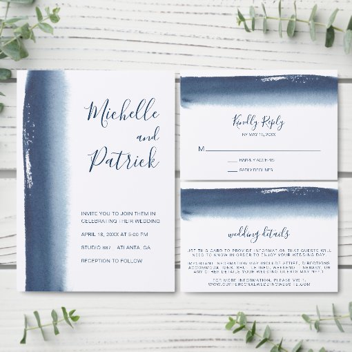 Simple Watercolor Brushstroke Navy Blue Wedding Menu | Zazzle