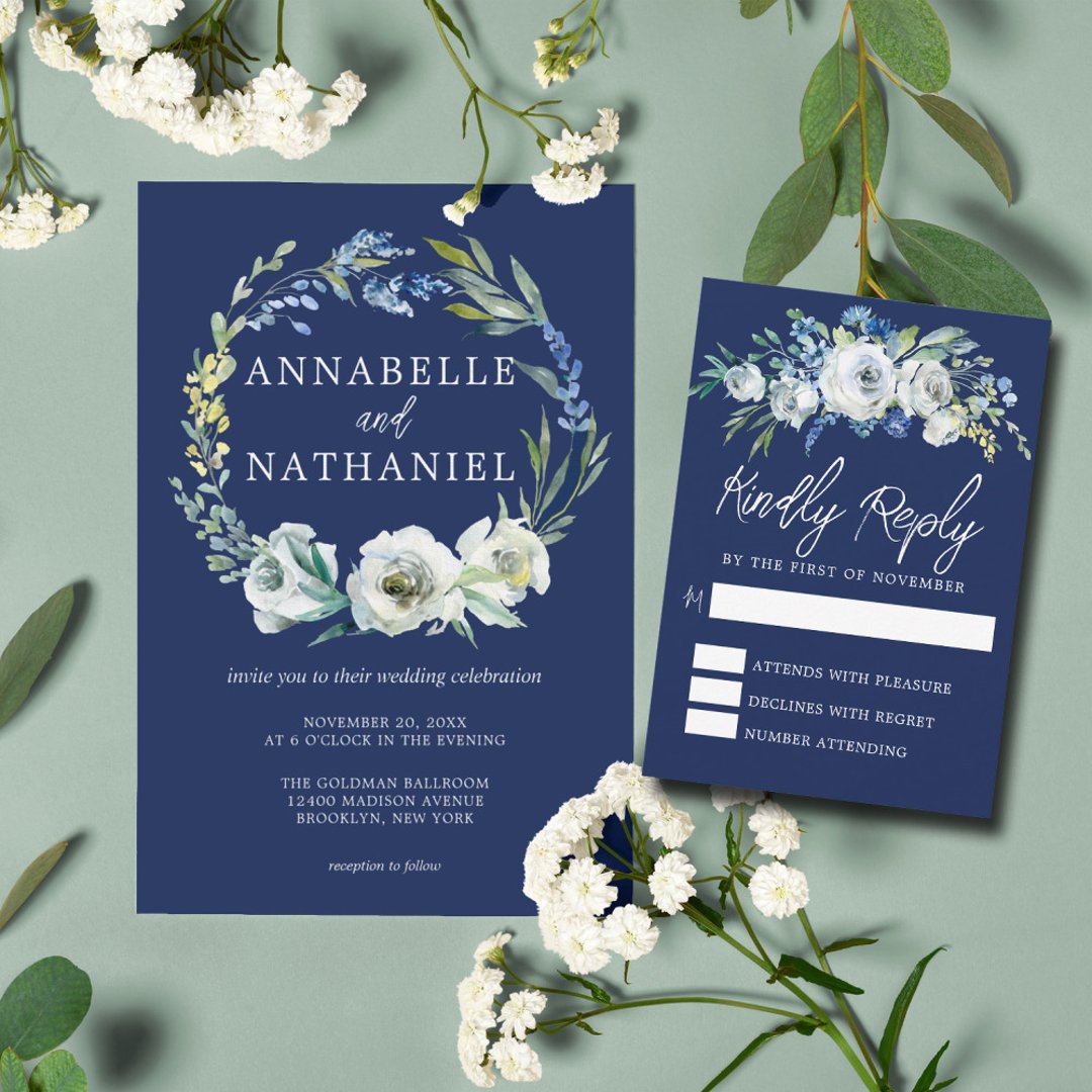 Modern Navy Blue White Floral Winter Wedding Invitation | Zazzle