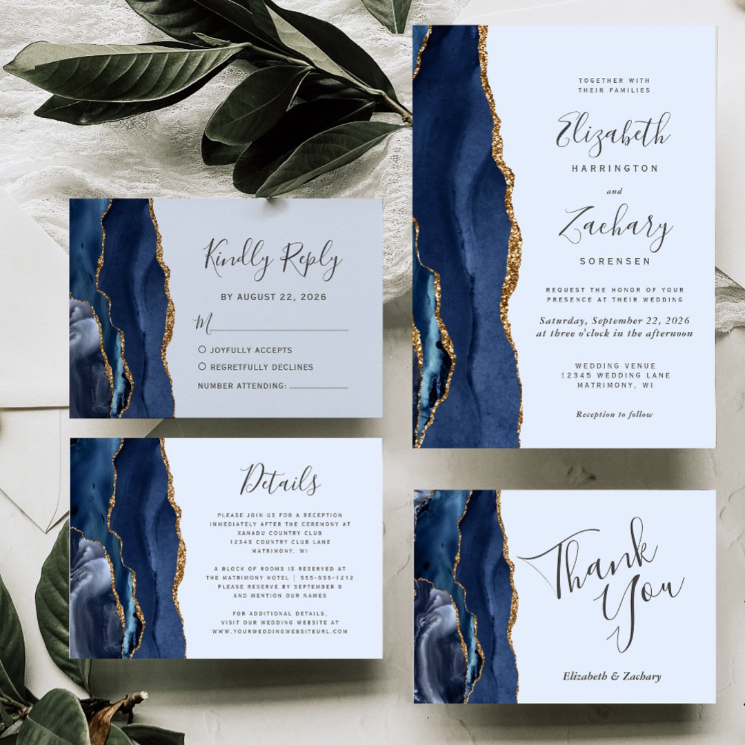 Modern Navy Gold Agate Light Blue Wedding Details Enclosure Card | Zazzle