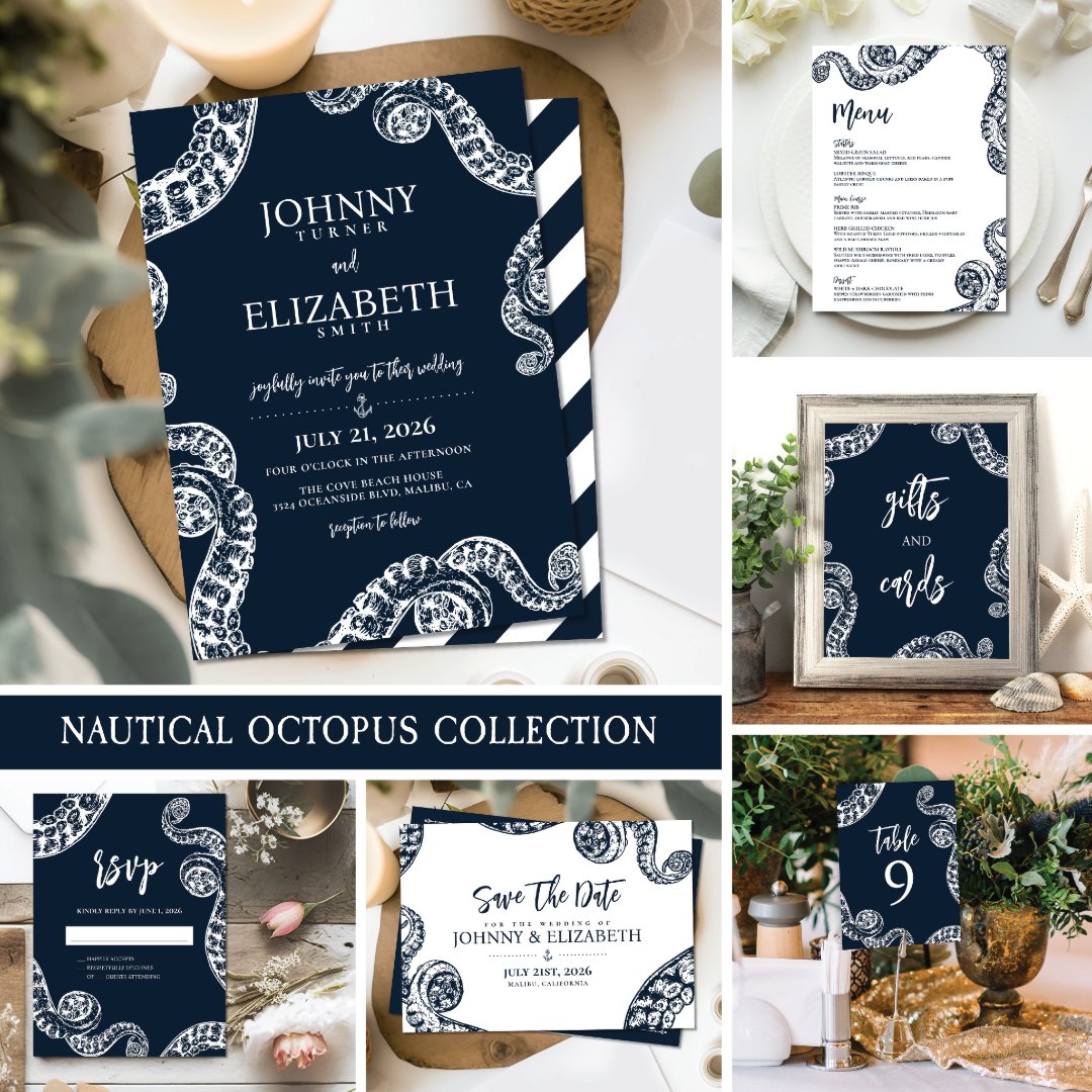 Navy Nautical Octopus Tentacle Wedding Invitation | Zazzle
