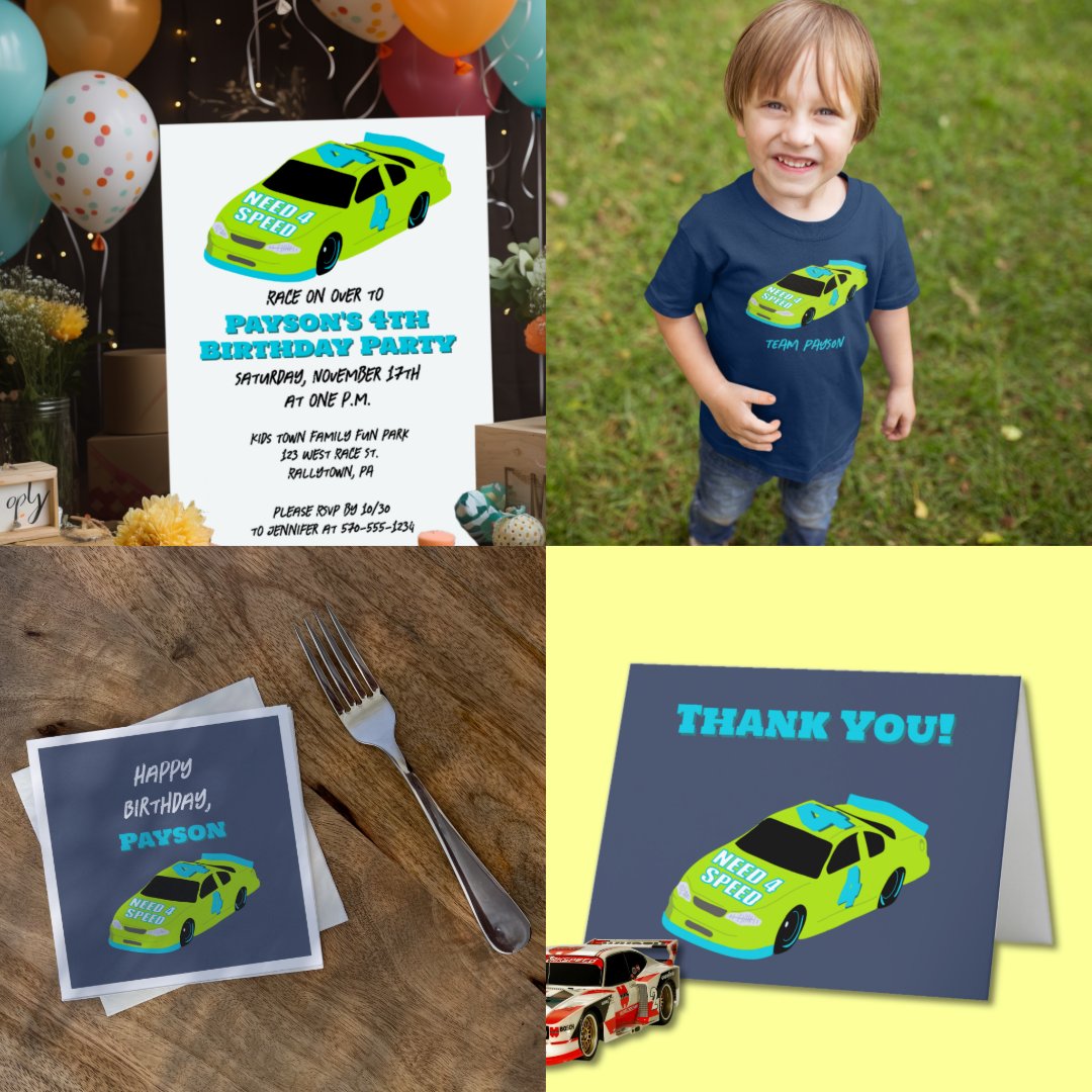 Need 4 Speed Race Car Boys 4th Birthday Photo Thank You Card | Zazzle