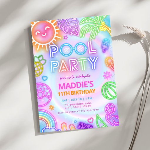 Neon Glow Pool Party Birthday Invitation | Zazzle