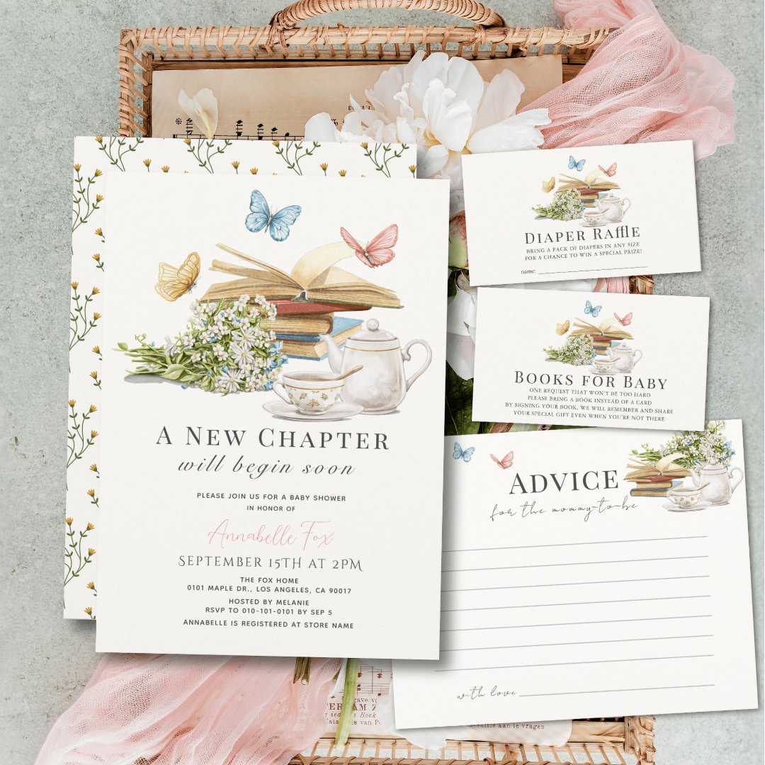 New Chapter Tea Set Butterflies Book Baby Shower Invitation | Zazzle