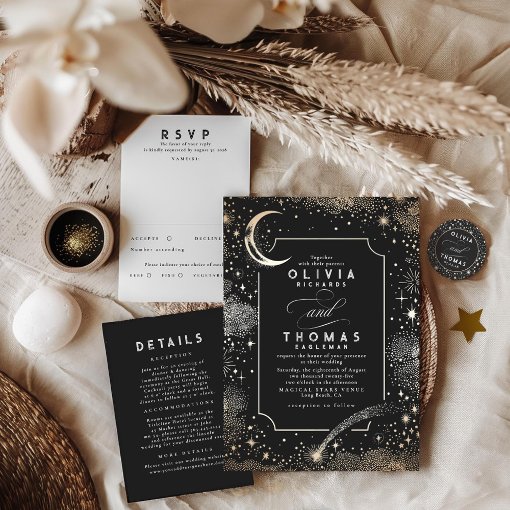 Mystical Crescent Moon Starry Night Boho Wedding Foil Invitation | Zazzle