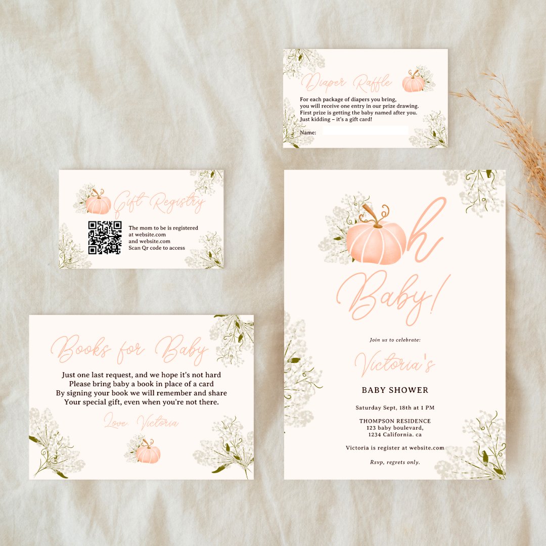 Oh Baby pink pumpkin floral girl baby shower Invitation | Zazzle