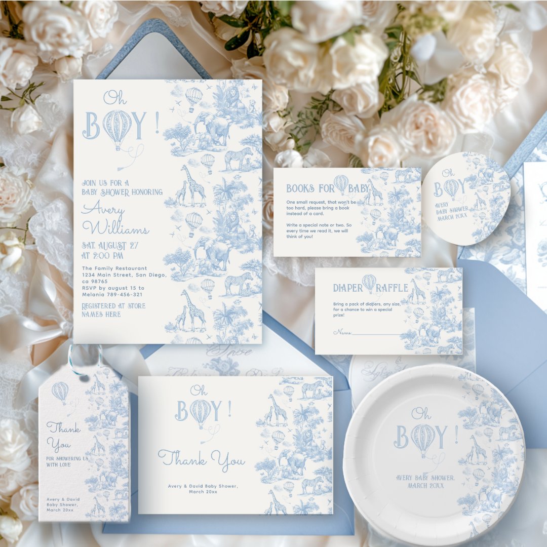 Oh Boy Blue Toile Safari Animal Baby Shower Invitation | Zazzle
