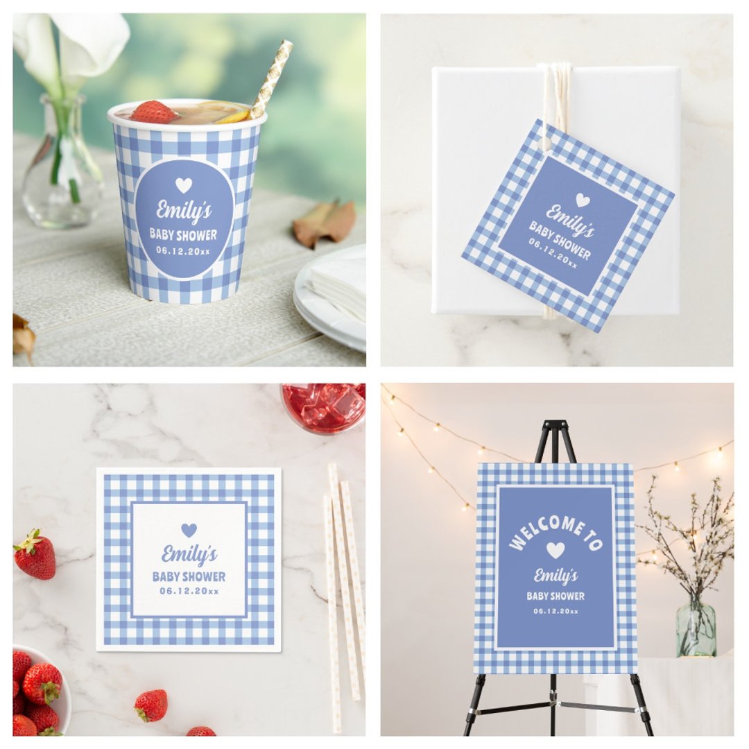 Oh Boy Modern Simple Blue Gingham Boy Baby Shower Invitation | Zazzle