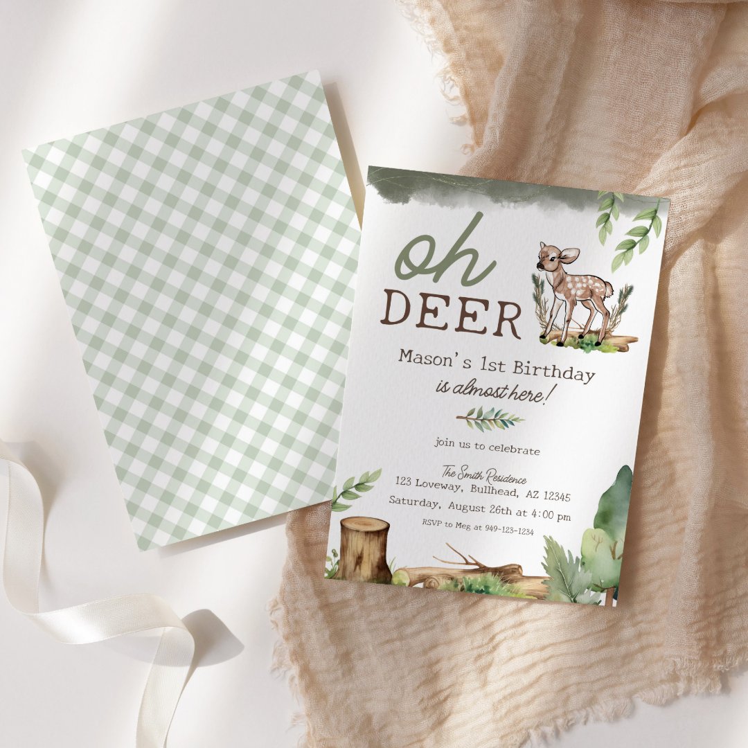 Boy's Oh Deer Woodland Baby Deer Birthday Invitation | Zazzle