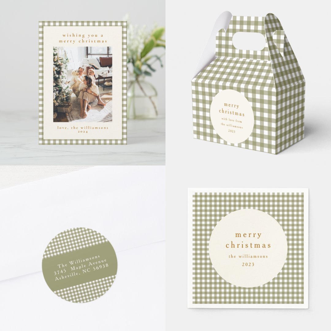Olive Gingham Plaid Portrait Two Photo Christmas Holiday Card | Zazzle