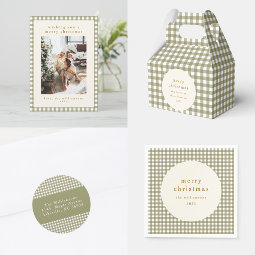 Olive Gingham Plaid Portrait Two Photo Christmas Holiday Card | Zazzle