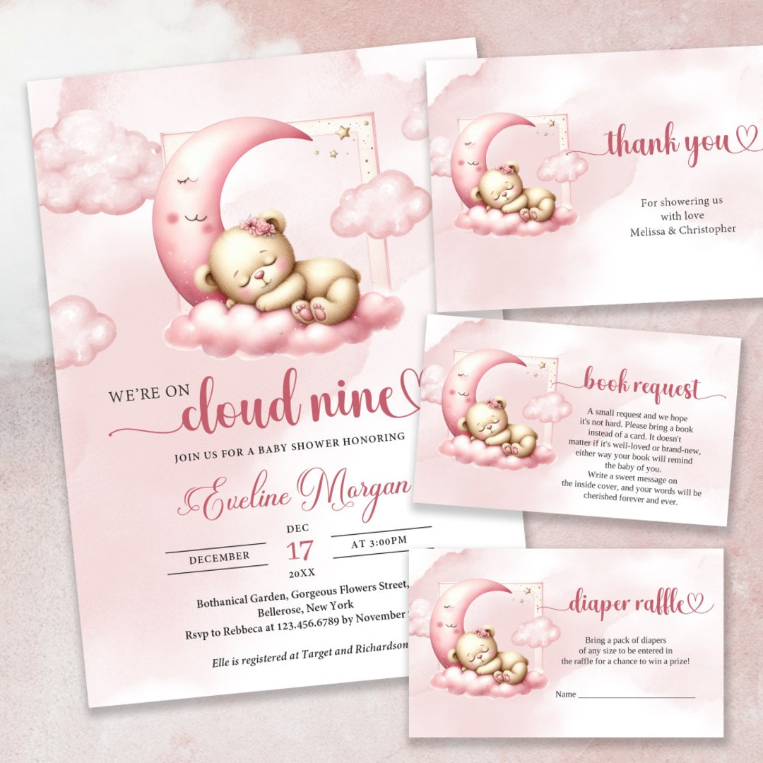Pink cloud nine teddy bear girl baby shower square paper coaster | Zazzle
