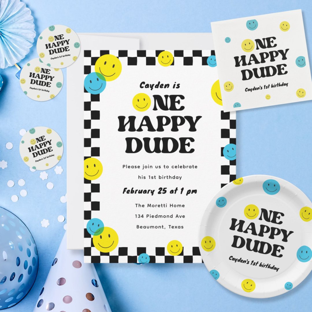 One Happy Dude Smiling Face 1st Birthday Party Invitation | Zazzle