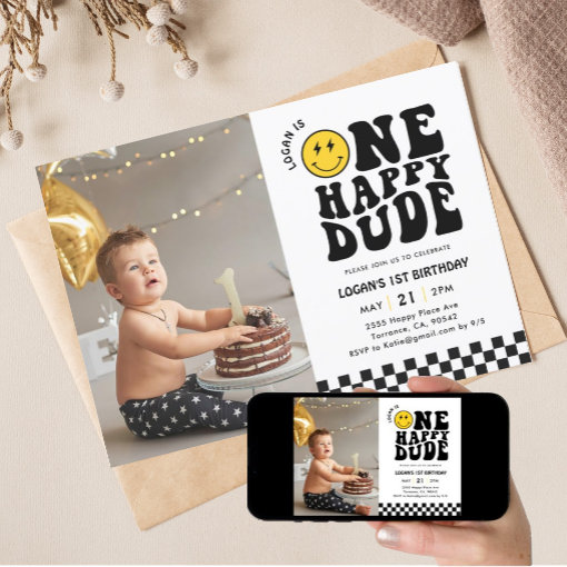 One Happy Dude Happy Face Boy First Birthday Invitation | Zazzle