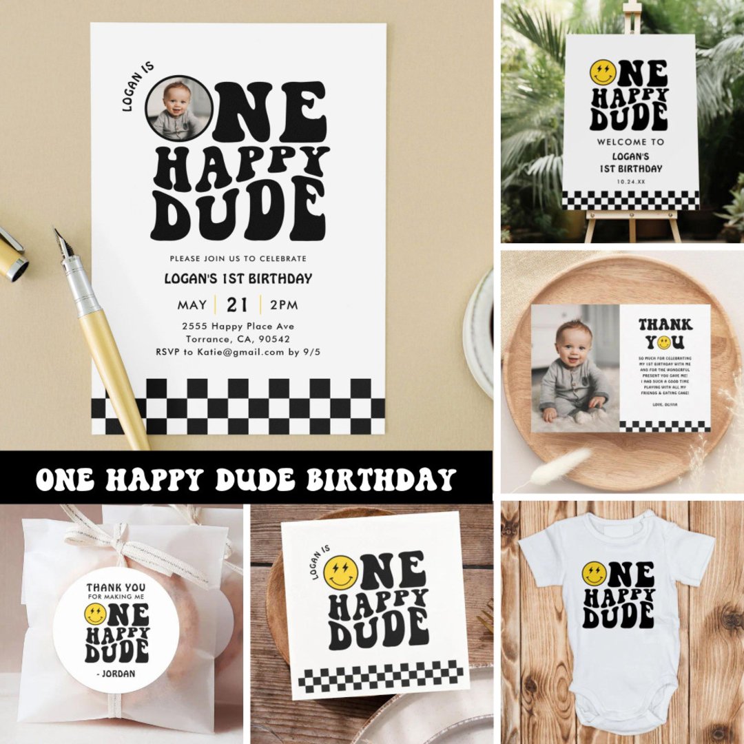 One Happy Dude Smile Face 1st Birthday Photo Invitation | Zazzle