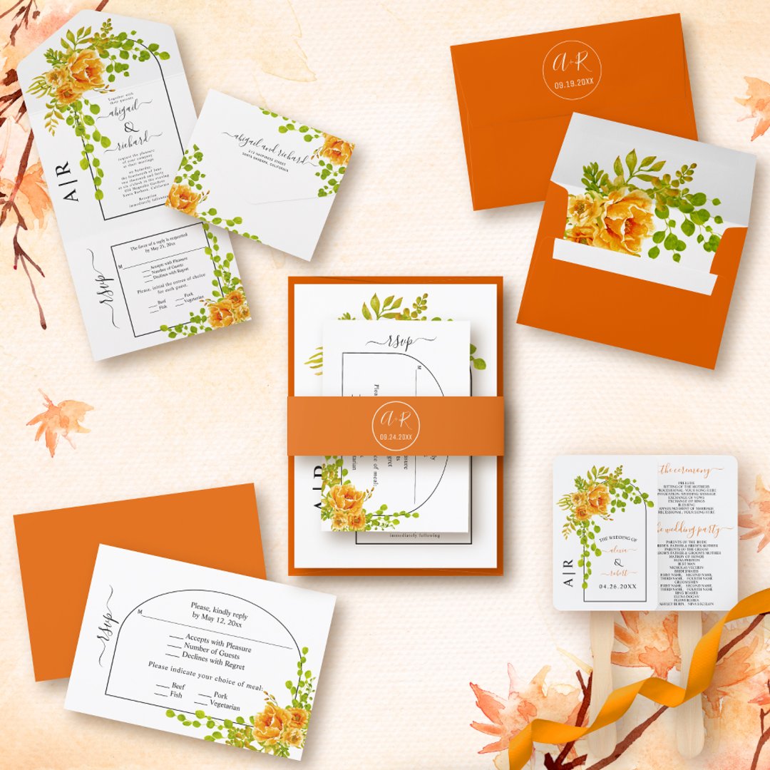 Orange watercolor floral border sping wedding all in one invitation ...