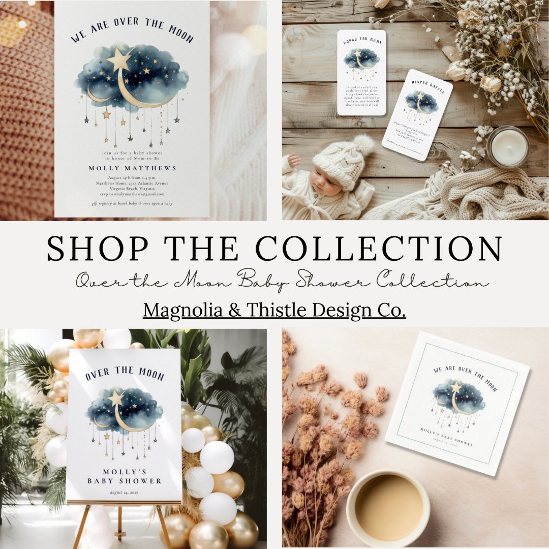 Over the Moon Gold Stars Baby Shower Invitation Postcard | Zazzle