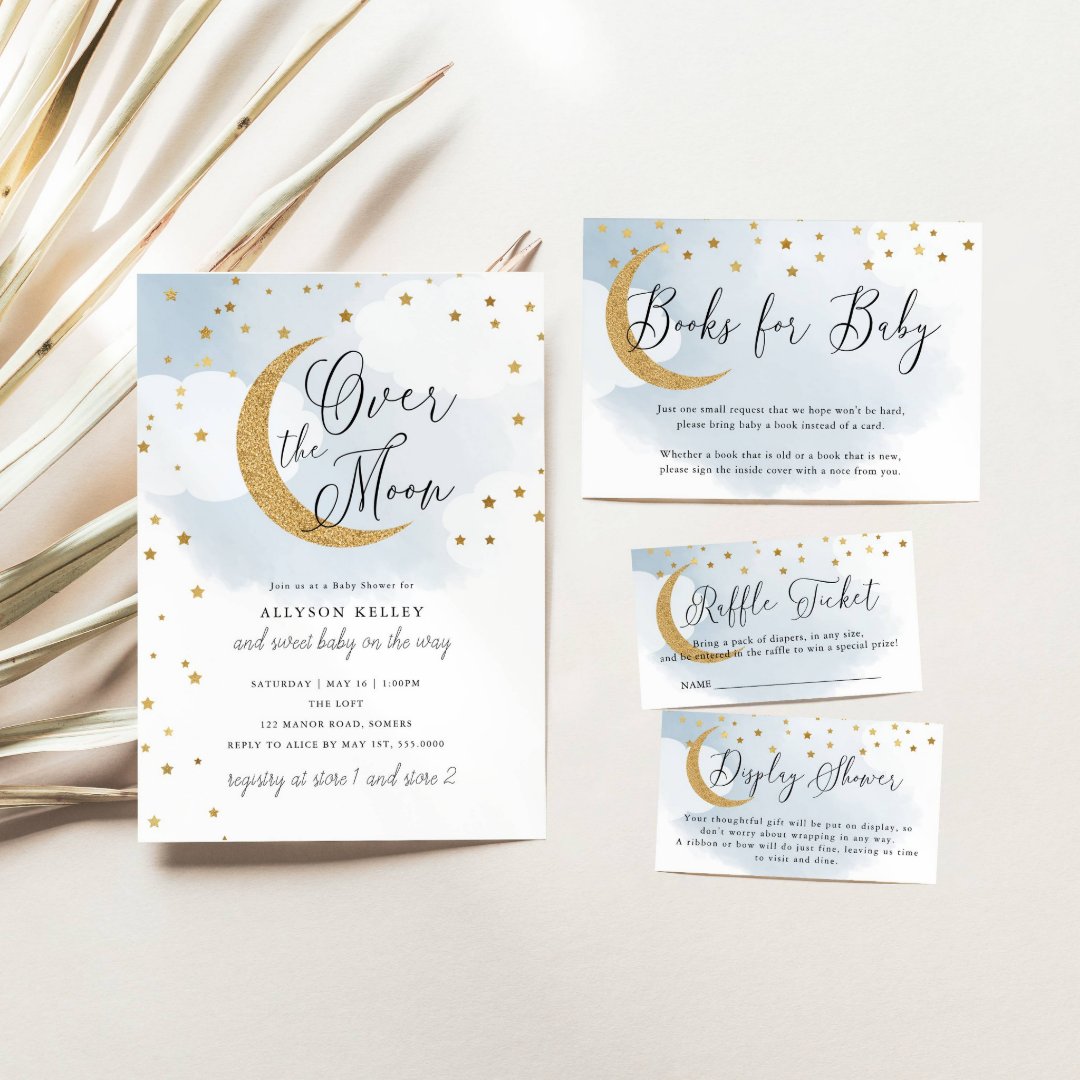 Over the Moon Gold Stars Blue Baby Shower Invitation | Zazzle