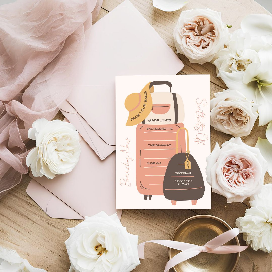Pack Your Bags Luggage Destination Bachelorette Invitation | Zazzle