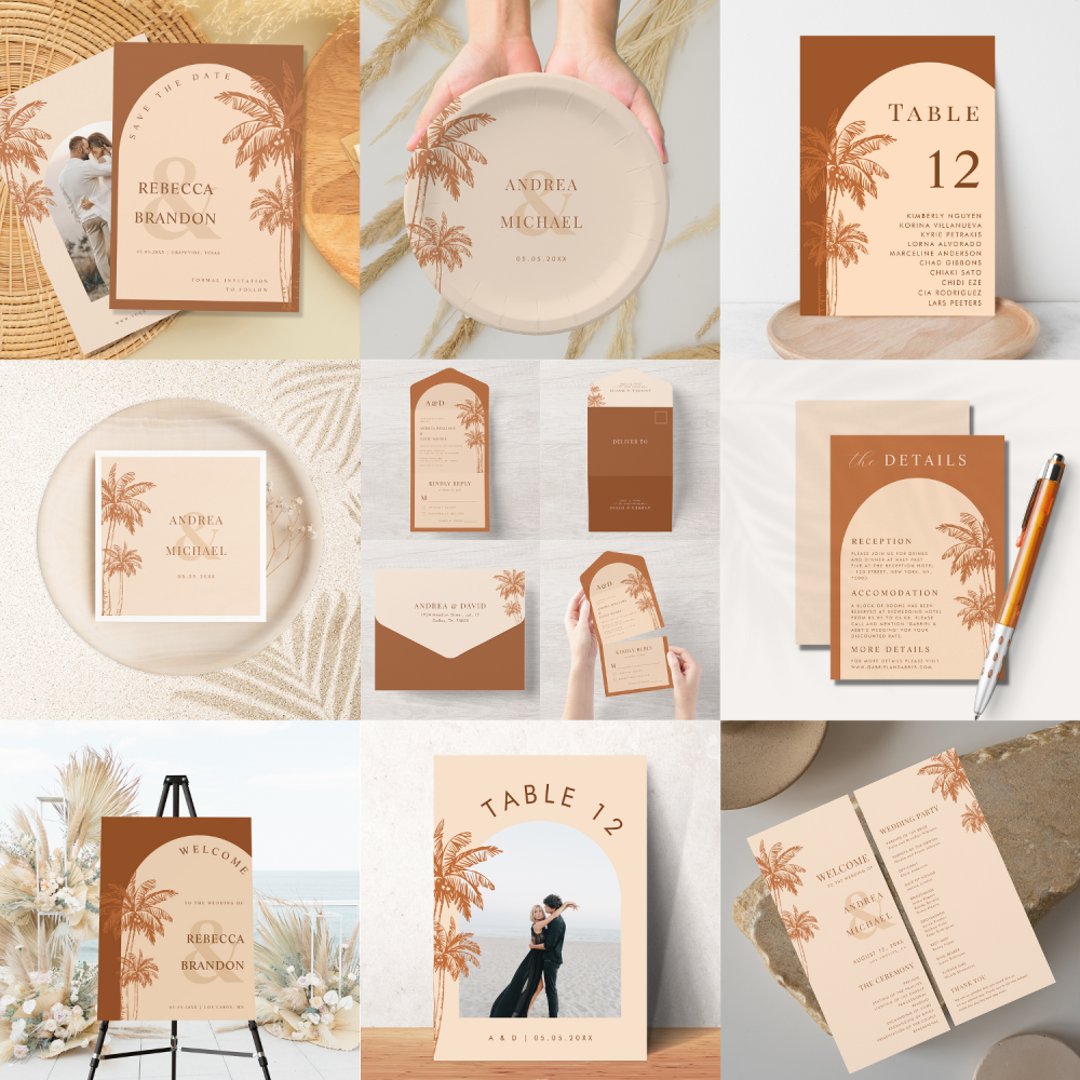 Palm Tree Boho Beach Terracotta QR Code Wedding Invitation | Zazzle