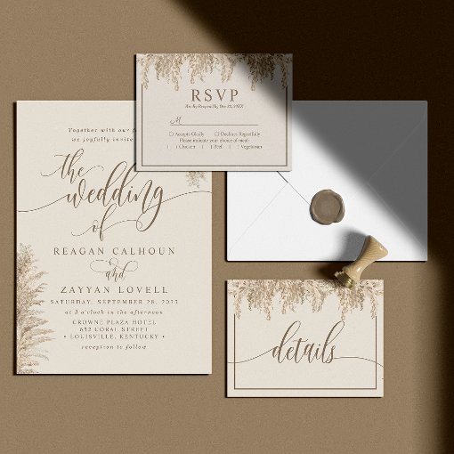 Pampas Grass Earthy Exotic Calligraphy Wedding Invitation | Zazzle