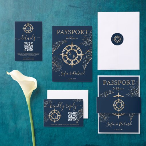 Passport Destination Wedding Palm Compass Monogram Invitation | Zazzle