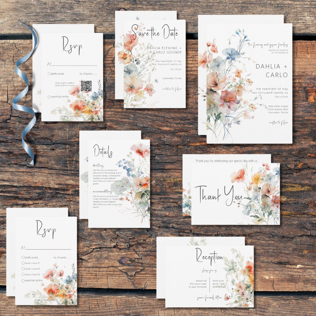 Pastel Loose Wildflowers Modern Wedding Invitation | Zazzle
