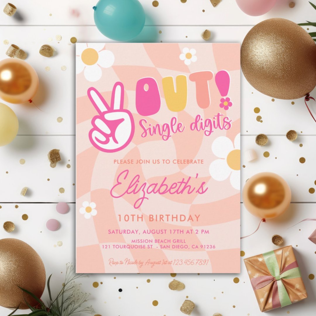 Peace Out Single Digits Girls 10th Birthday Party Invitation | Zazzle