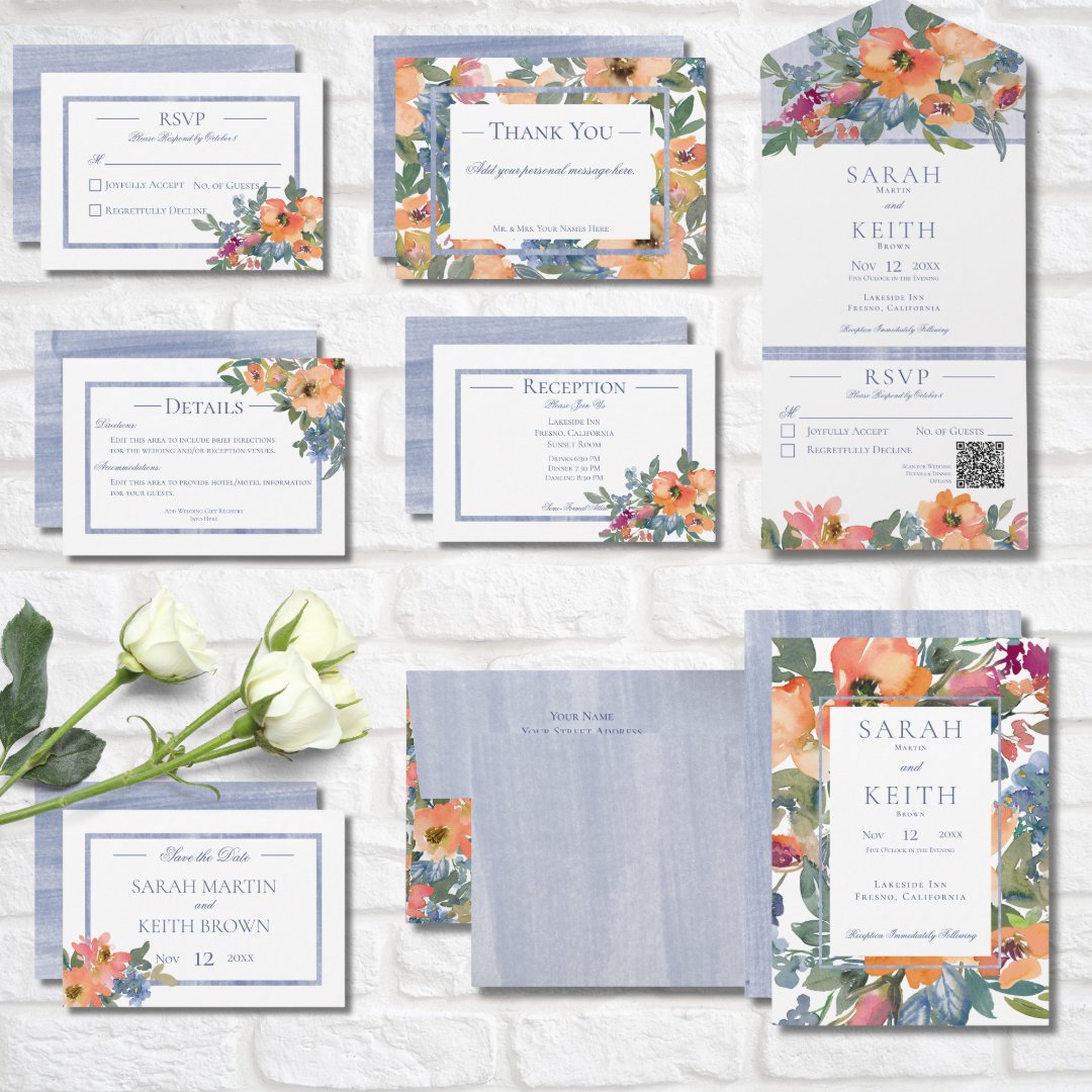 Peach & Blue Watercolor Floral Frame Wedding Invitation | Zazzle