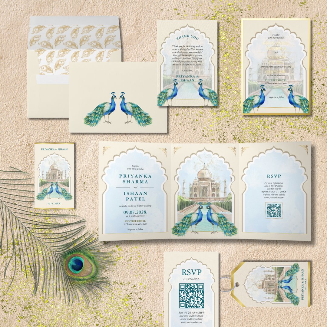 Indian Peacock Taj Mahal Arch QR Wedding Tri-Fold Invitation | Zazzle