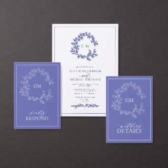 Modern Periwinkle Leafy Crest Monogram Wedding Invitation | Zazzle