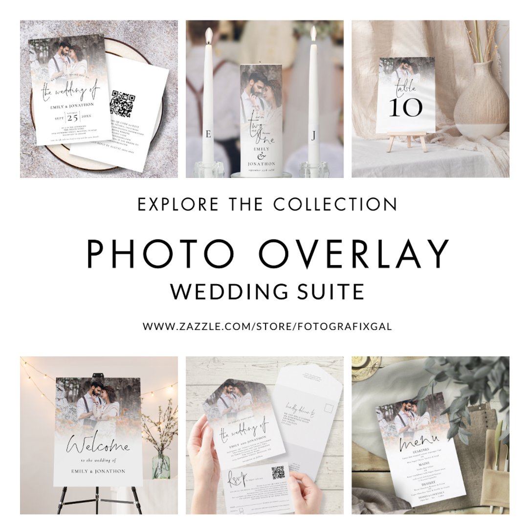 Elegant Script 4 Photos Overlay QR Code Wedding Invitation | Zazzle