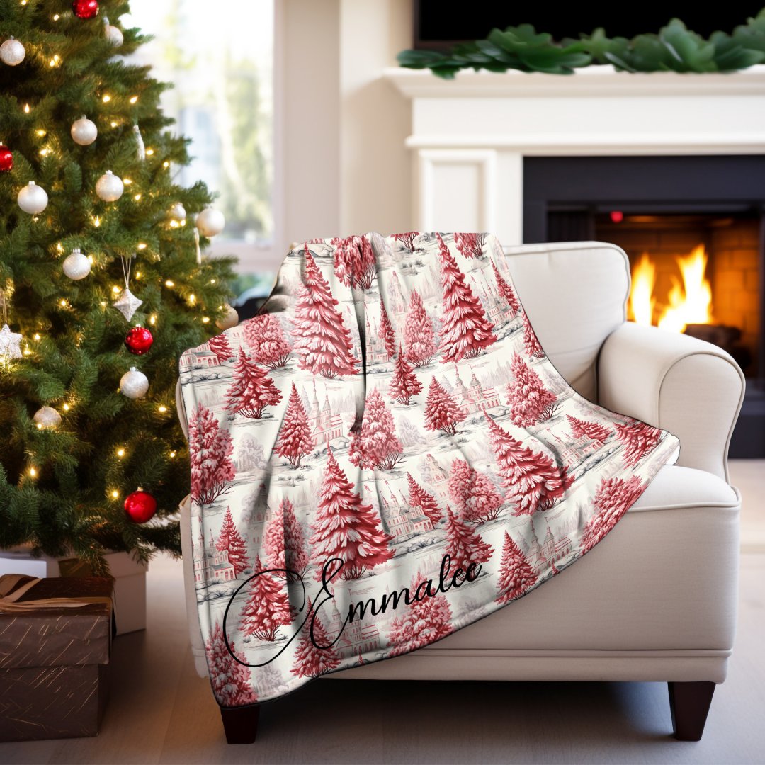 Vintage Christmas Trees Toile de Jouy Pink & Red Wrapping Paper | Zazzle