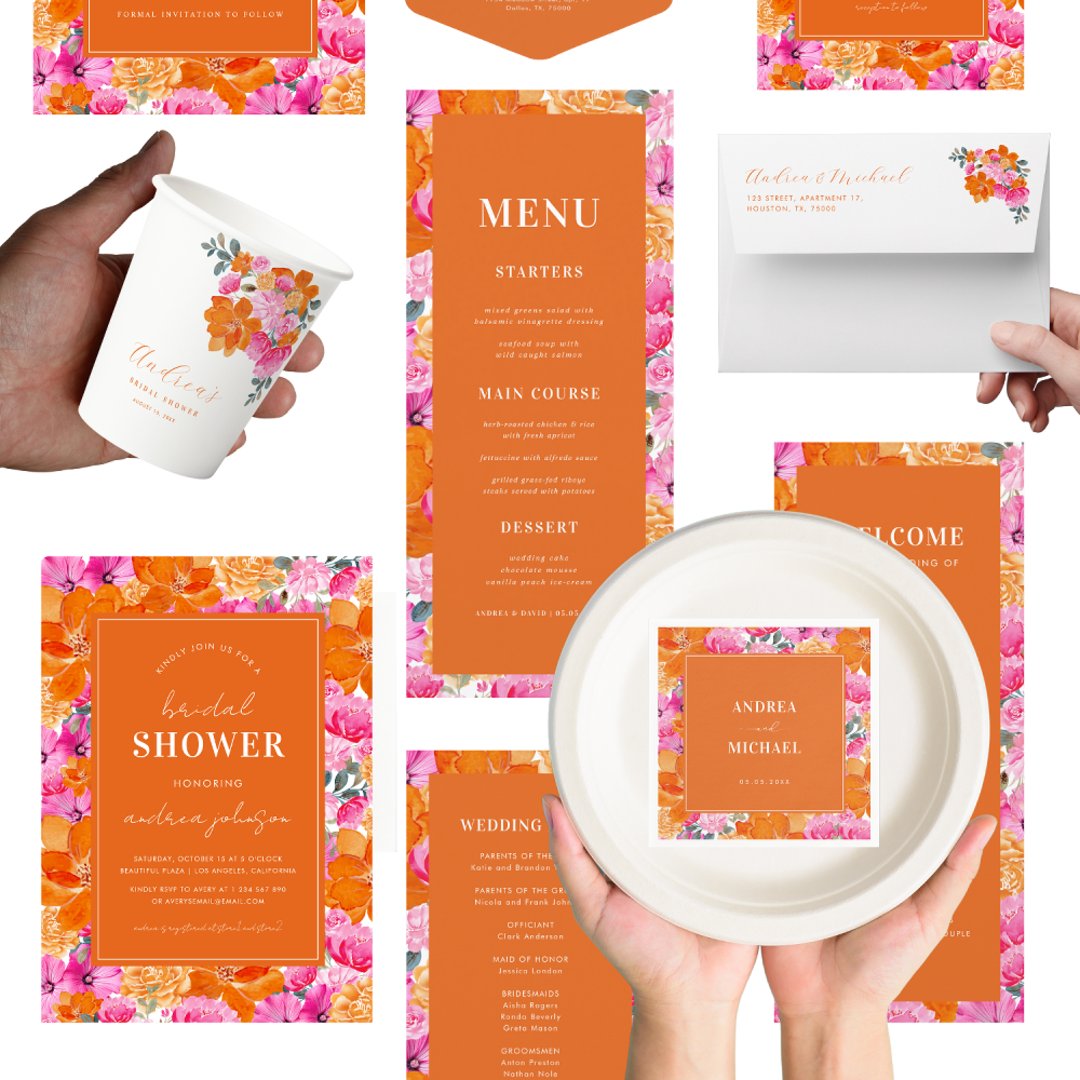 Pink Orange Floral Wedding A-Z Bridal Shower Game | Zazzle