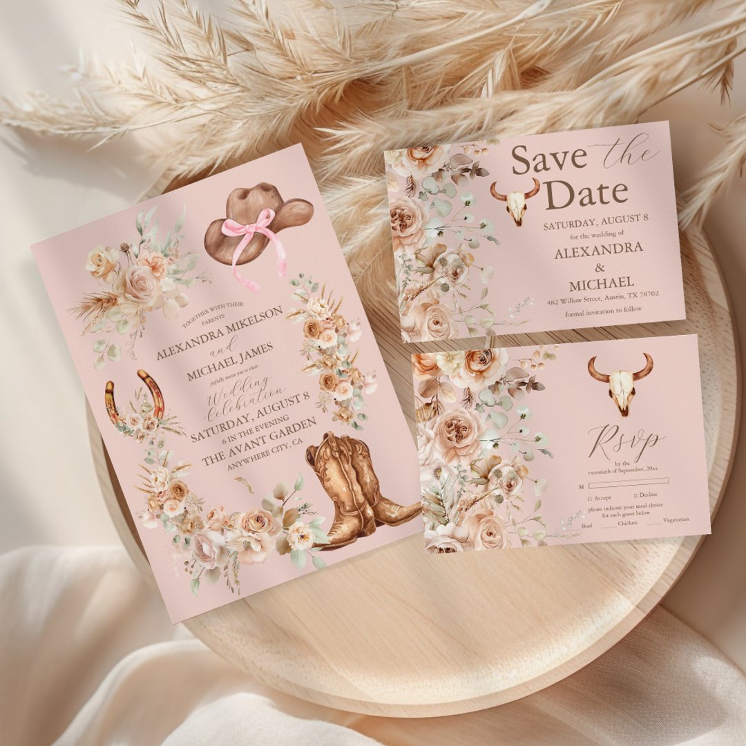 Pink Boho Floral Western Wedding Invitation | Zazzle