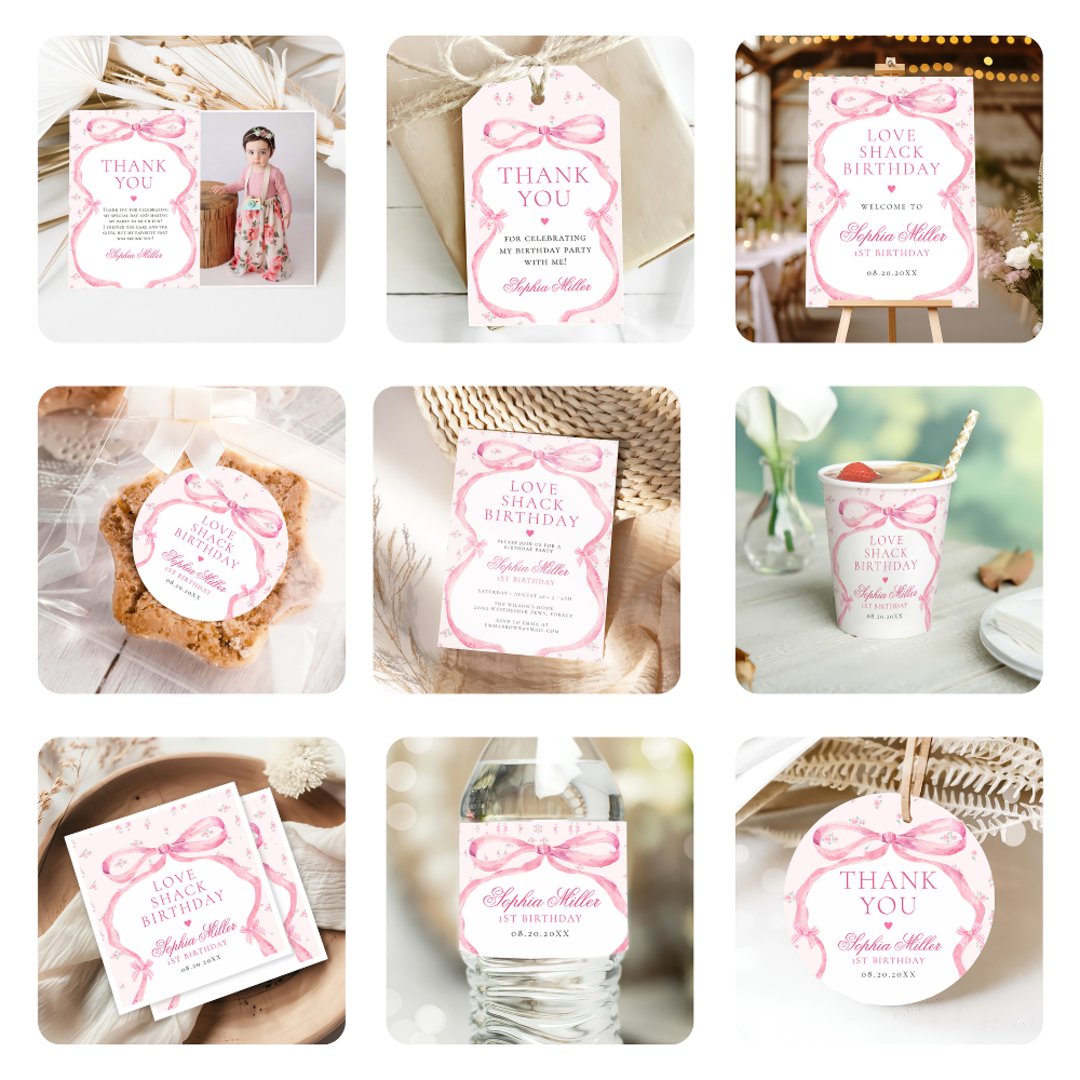 Coquette Pink Bow Love Shack Birthday Invitation | Zazzle