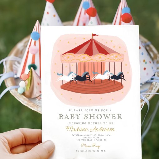 Pink Carousel Circus Photo Girl Birthday Invitation | Zazzle