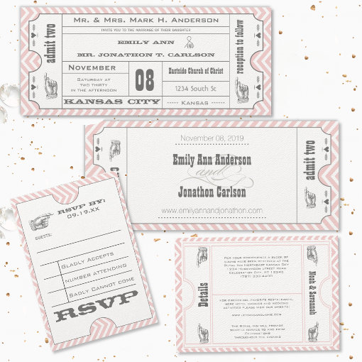 Pink Chevron Zig Zag Vintage Modern Ticket Wedding Invitation | Zazzle