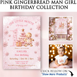 1st Birthday Gingerbread Man Girl Pink Christmas Invitation | Zazzle