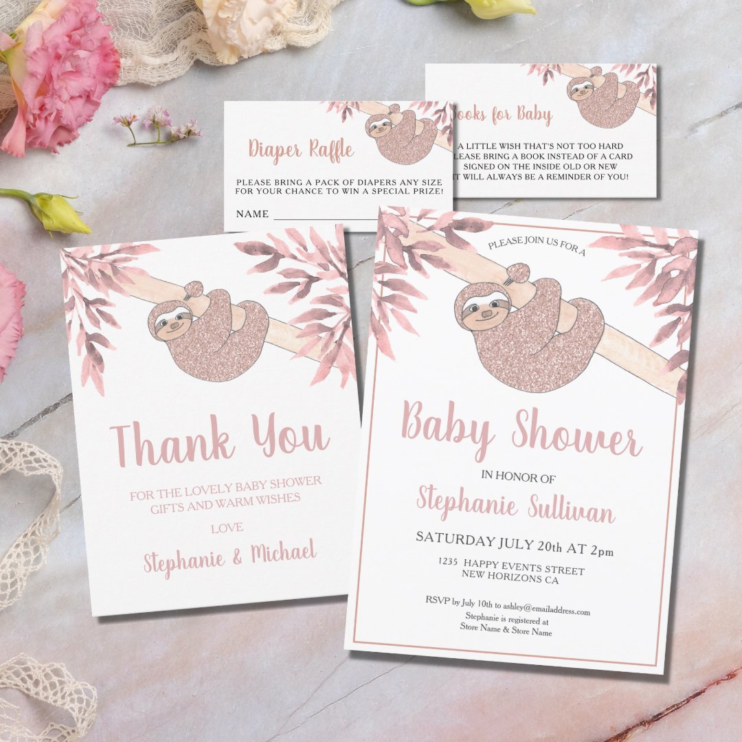 Rose Gold Glitter Cute Baby Girl Sloth Baby Shower Invitation | Zazzle