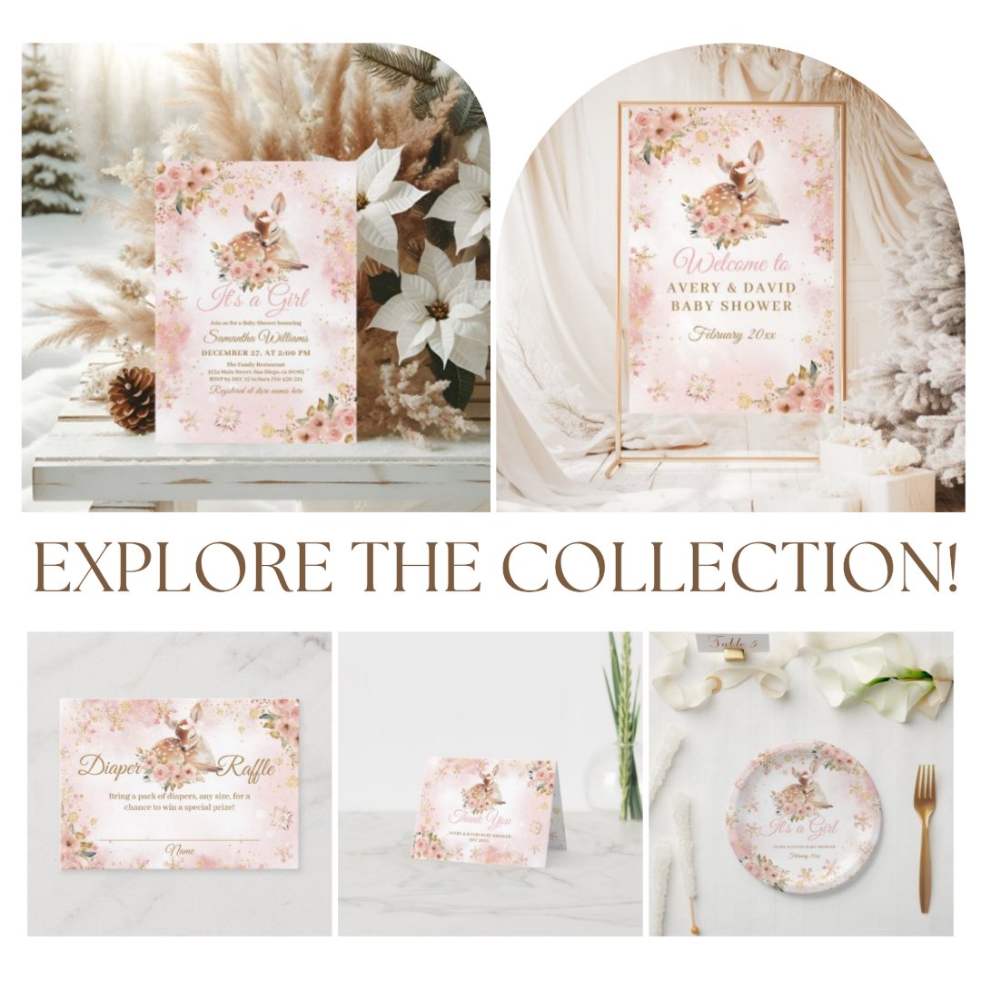 Pink Winter Deer Its a Girl Baby Shower Details Enclosure Card | Zazzle