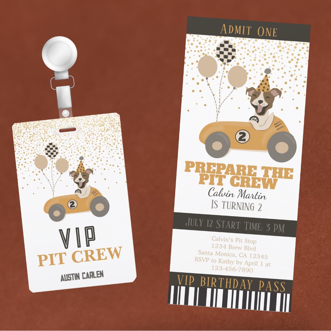 Race Car Dog Boys Birthday Party VIP Badge | Zazzle