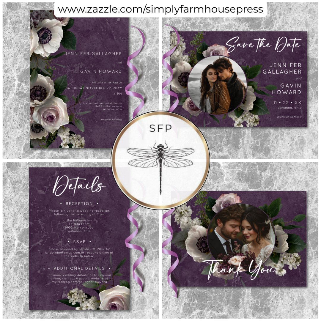 Plum Purple Elegant Floral Modern Wedding Details Enclosure Card | Zazzle