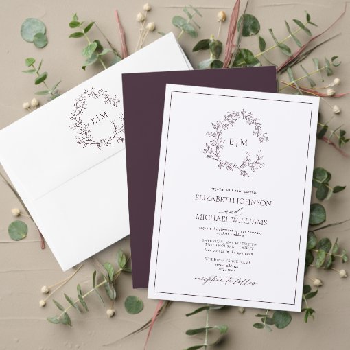 QR Code Plum Purple Leafy Crest Monogram Wedding Invitation | Zazzle