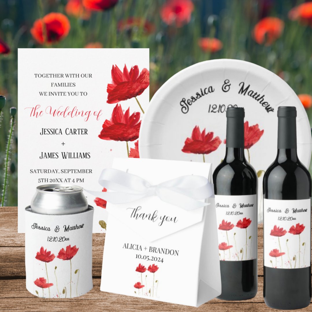 Red Poppies Watercolor Script Elegant Wedding All In One Invitation ...