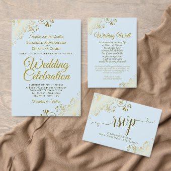 Elegant Powder Blue & Gold Modern Catholic Wedding Invitation | Zazzle