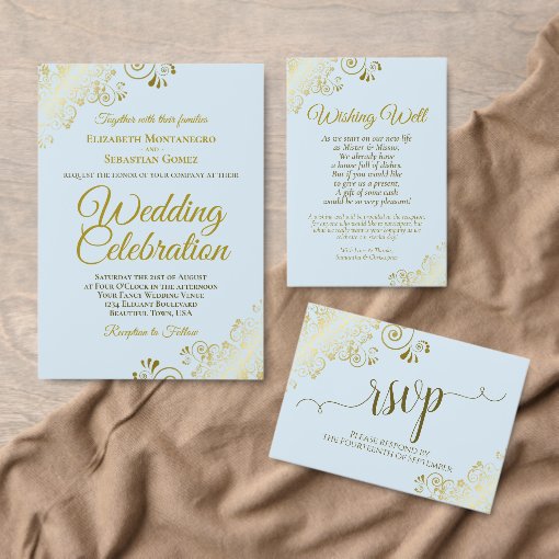 Elegant Powder Blue & Gold Modern Catholic Wedding Invitation | Zazzle